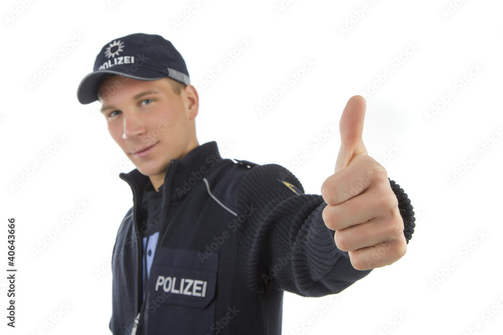 Polizei in Uniform hält daumen hoch Stock Photo | Adobe Stock
