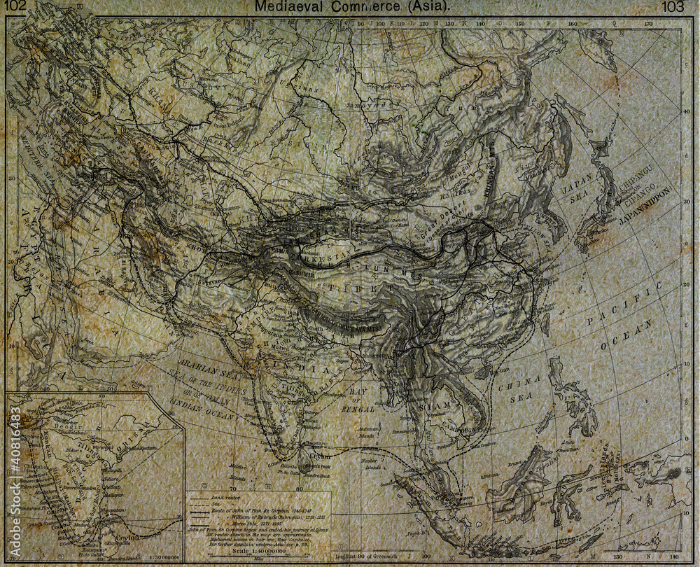Old world map with Latitude and Longitude lines in vintage patte Stock ...