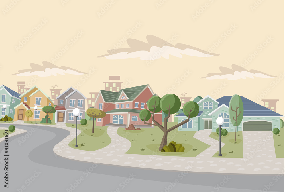 Colorful retro suburb neighborhood. Cartoon city. Stock Vector | Adobe ...