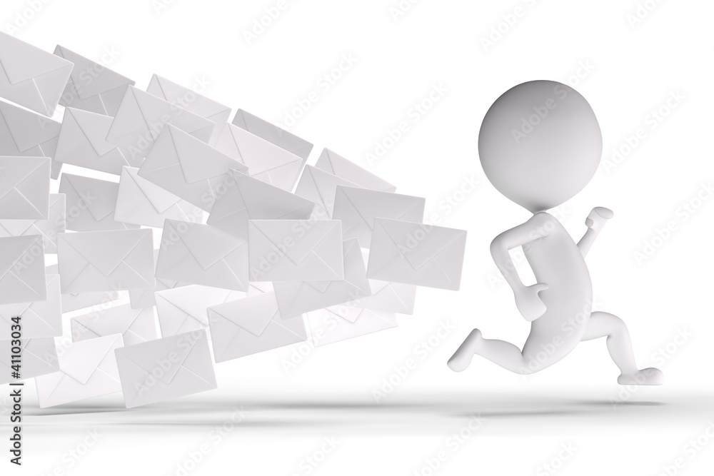 3d human chased by a lot of letters Stock Illustration | Adobe Stock