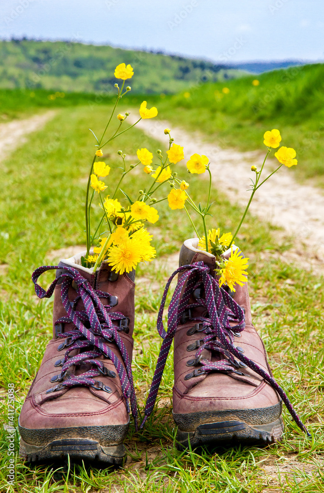 Wanderschuhe auf dem Weg Stock-Foto | Adobe Stock