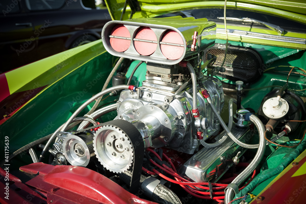 powerful supercharge blower inside a hot-rod engine bay Stock Photo ...