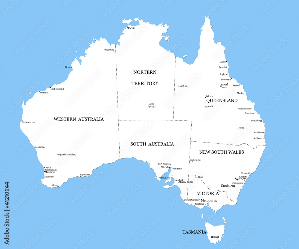 Map Of Australia with major Towns and Cities Stock Illustration | Adobe ...