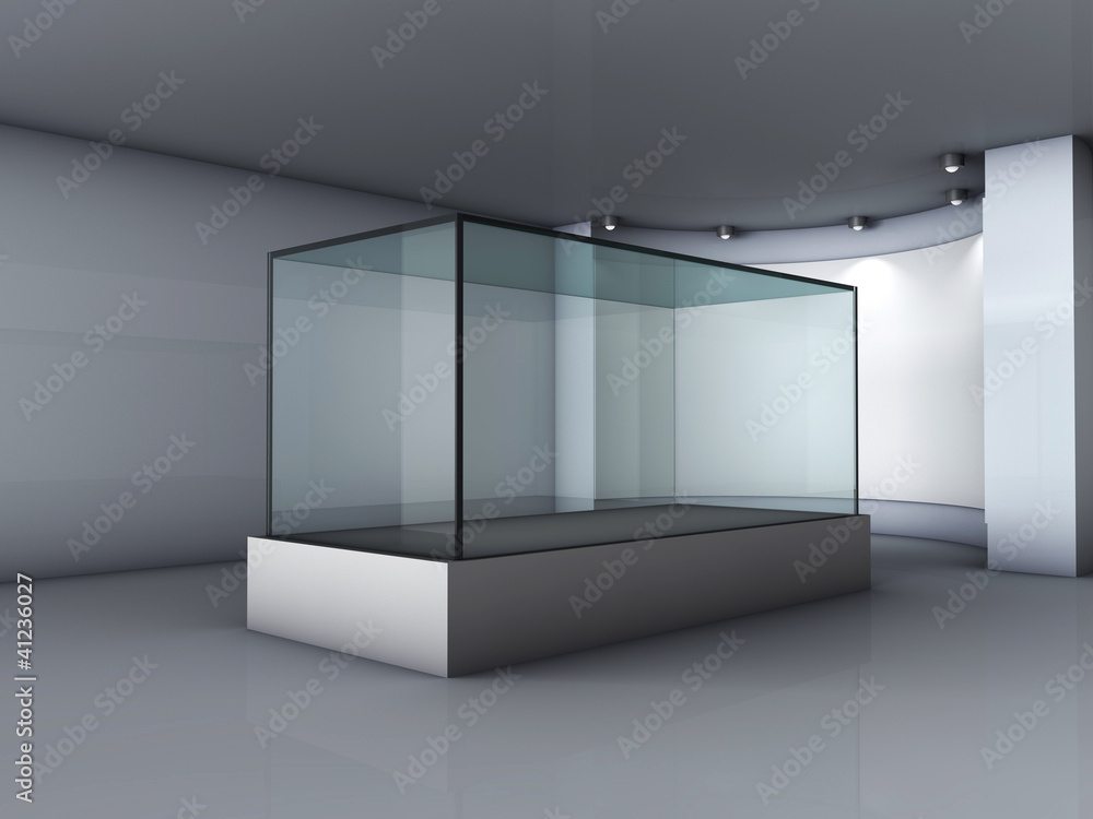 3d glass showcase and niche with spotlights for exhibit in the g Stock ...