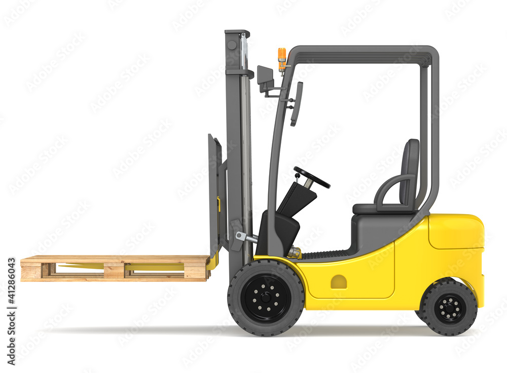 Forklift. Side view of a Forklift Truck with an empty pallet Stock ...