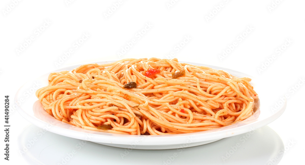 Italian spagetti cooked with tomato sauce in a white plate Stock Photo ...