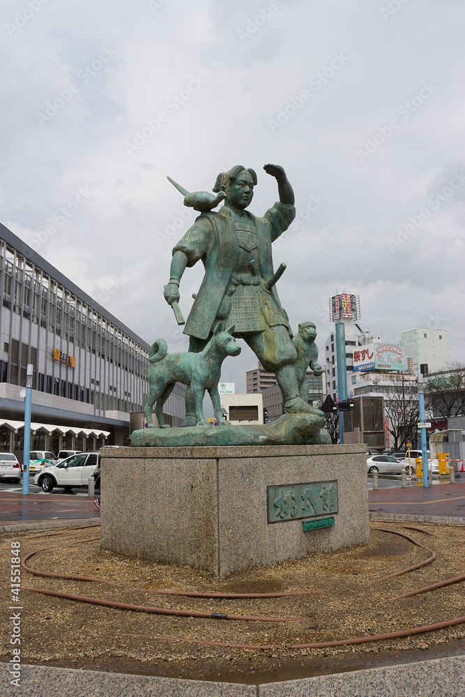 Statue of Momotaro and his animal friends. Stock Photo | Adobe Stock