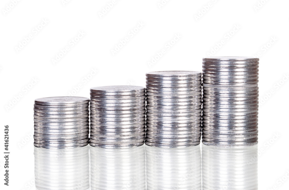 silver coin stack like a diagram and graph isolated on white Stock ...