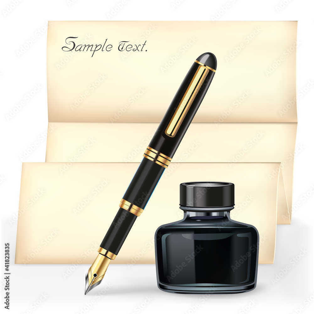 Black fountain pen and the Ink bottle with Brown letter paper. Stock ...