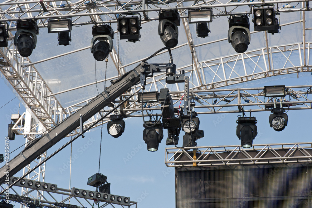 Scaffolding with lights and crane camera above the stage Stock Photo ...