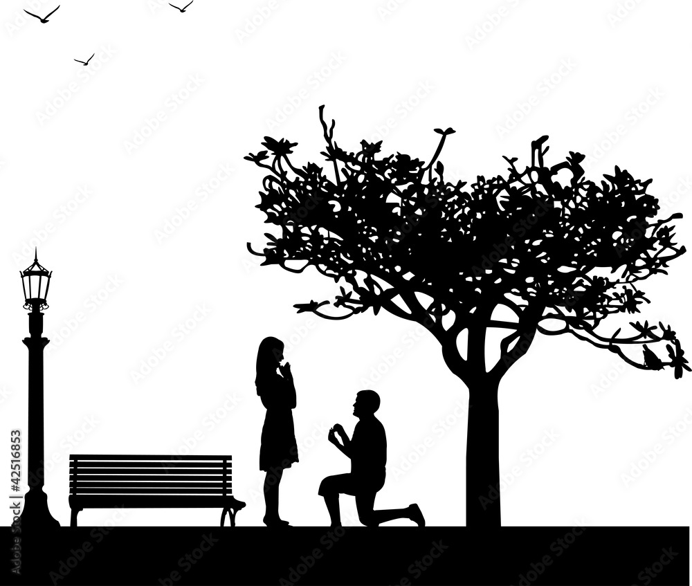 Romantic proposal in park under the tree silhouette Stock Vector ...