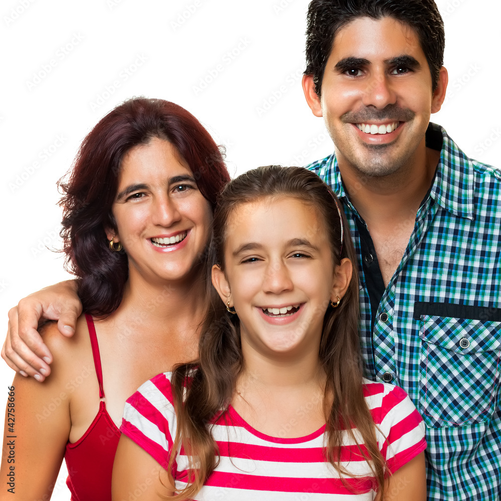Young hispanic family isolated on white (dad,mom and girl) Stock Photo ...