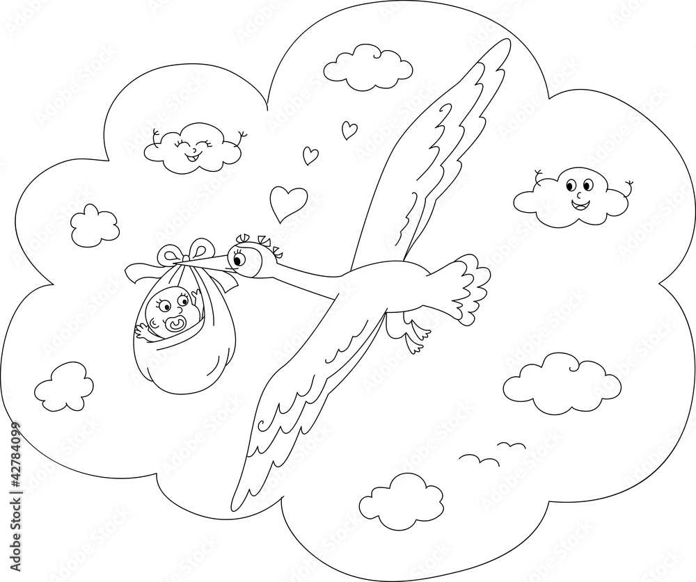 Cicogna che vola con neonato, vettoriale da colorare Stock Vector ...