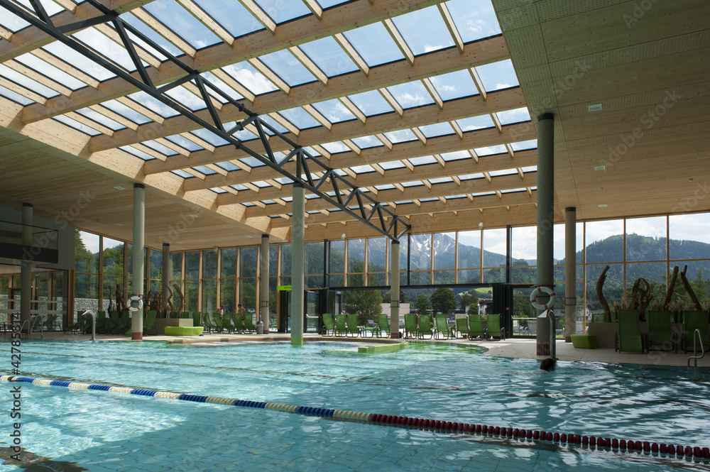 indoor architecture of public swim bath with laps and glass roof Stock ...