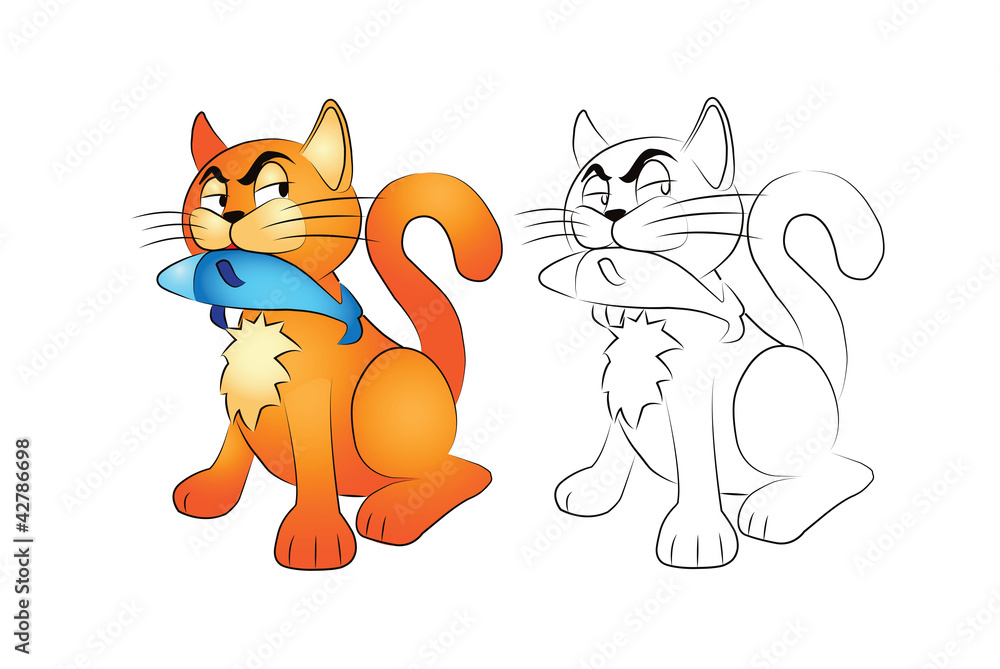 Cartoon cat with fish isolated on white Stock Vector | Adobe Stock