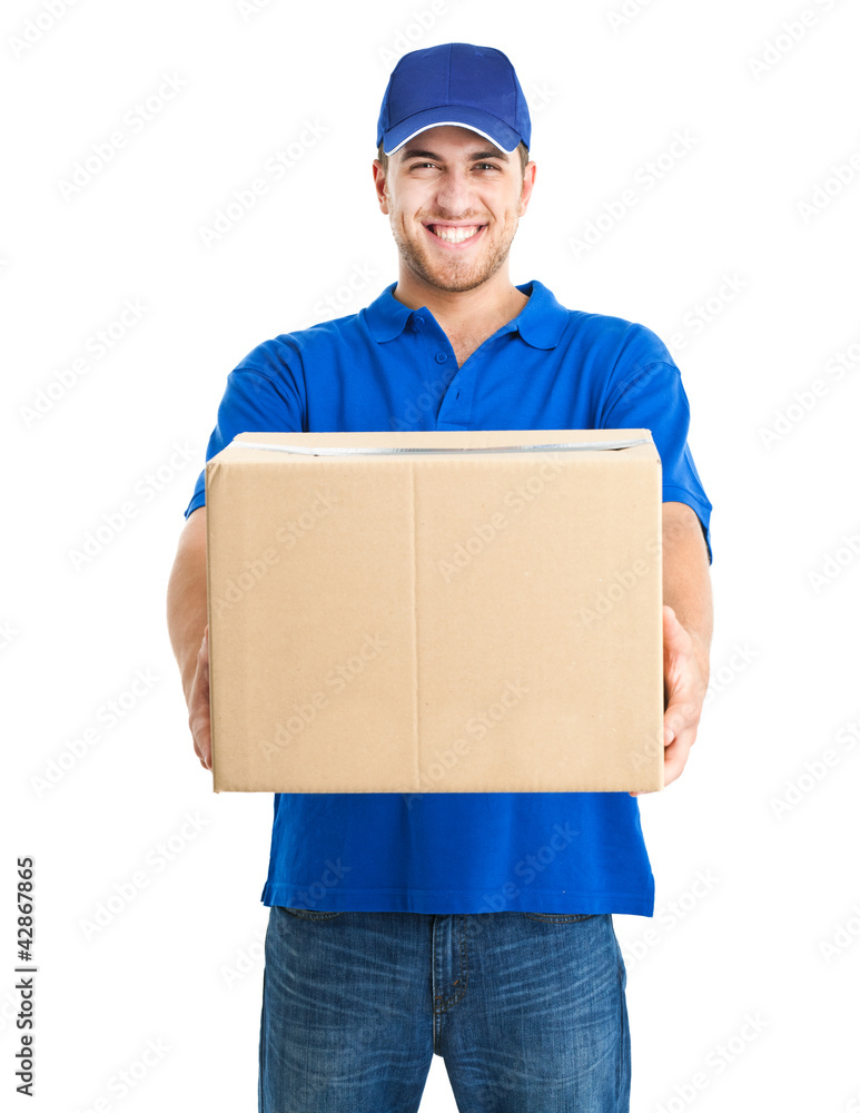 Friendly postman having a packet for you Stock Photo | Adobe Stock