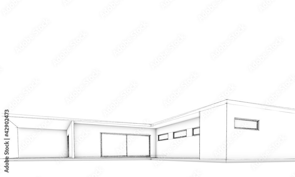 ภาพประกอบสต็อก Sketch ultra modern L-shaped house. ภาพ | Adobe Stock