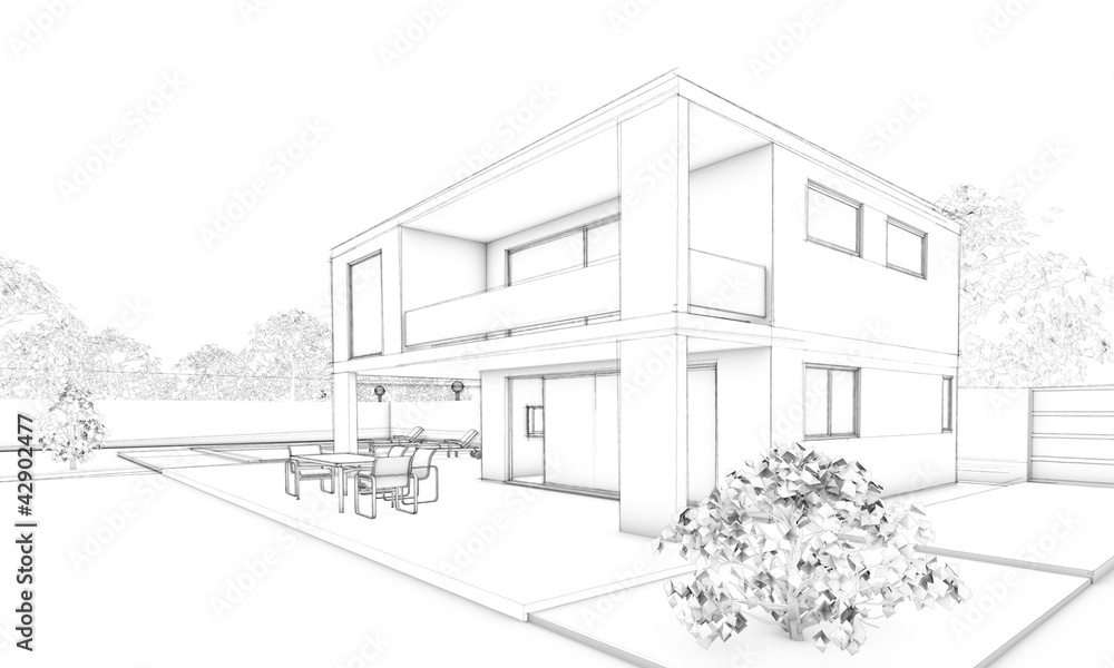 Sketch of modern villa with terrace and garden Stock Illustration ...