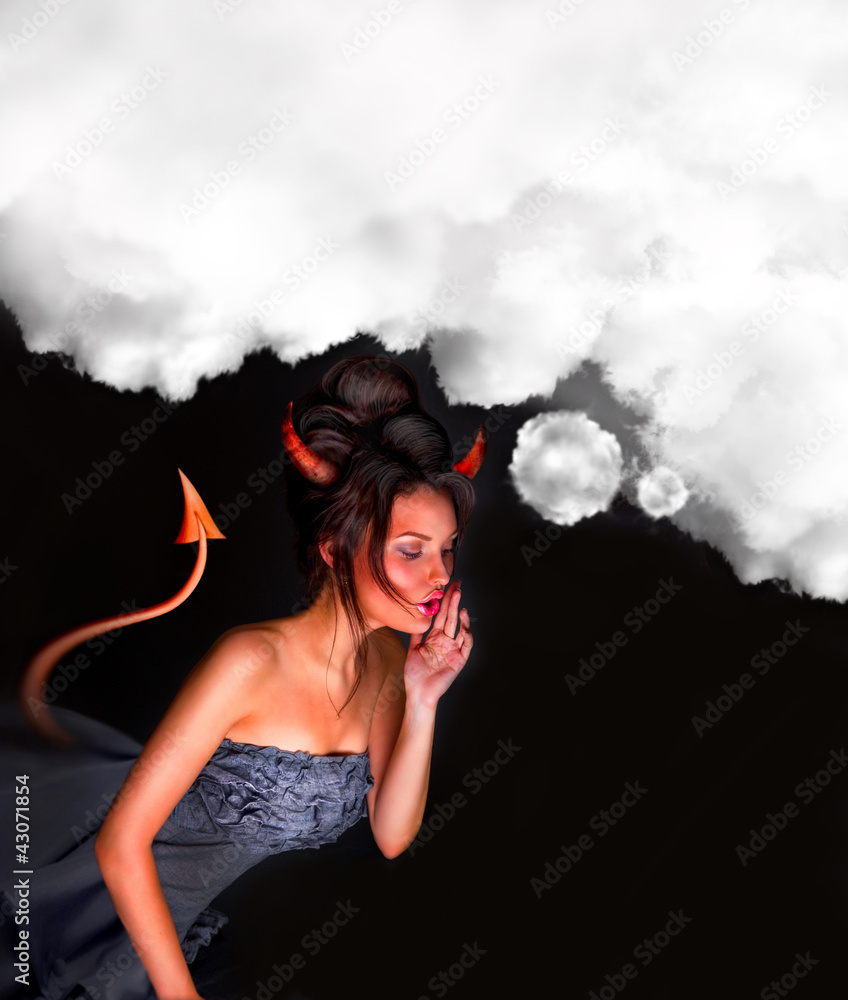 Sexy Devil woman with tail horns and red skin whispering somethi Stock ...