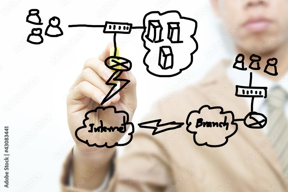 Business man drawing network diagram on the screen background Stock ...