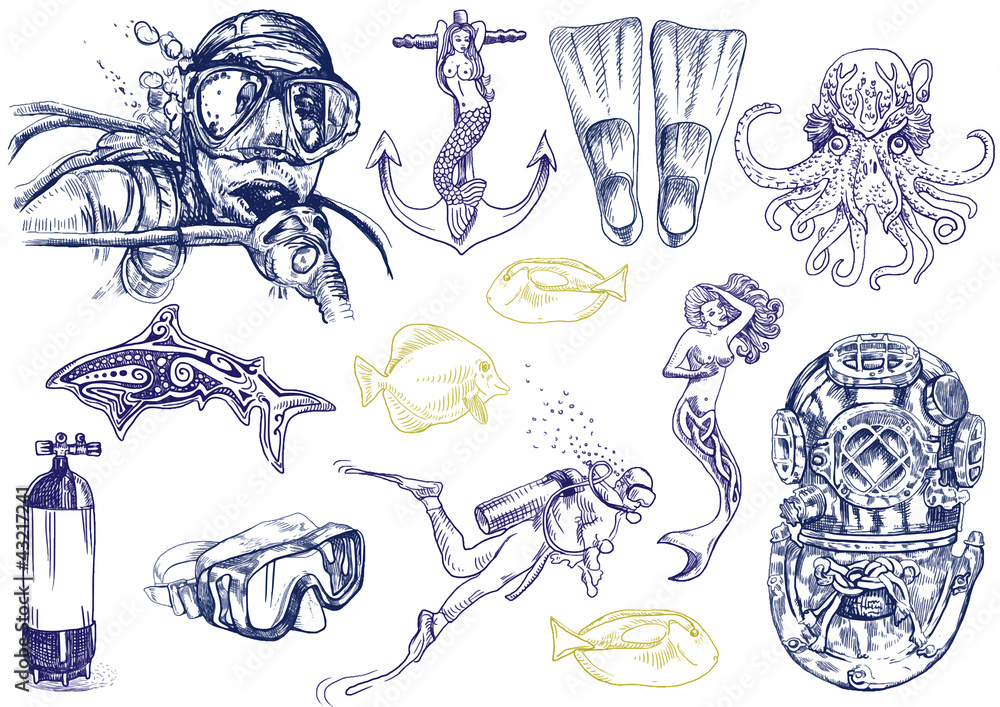 diving - the life of aquatic (hand drawing collection) Stock Vector ...