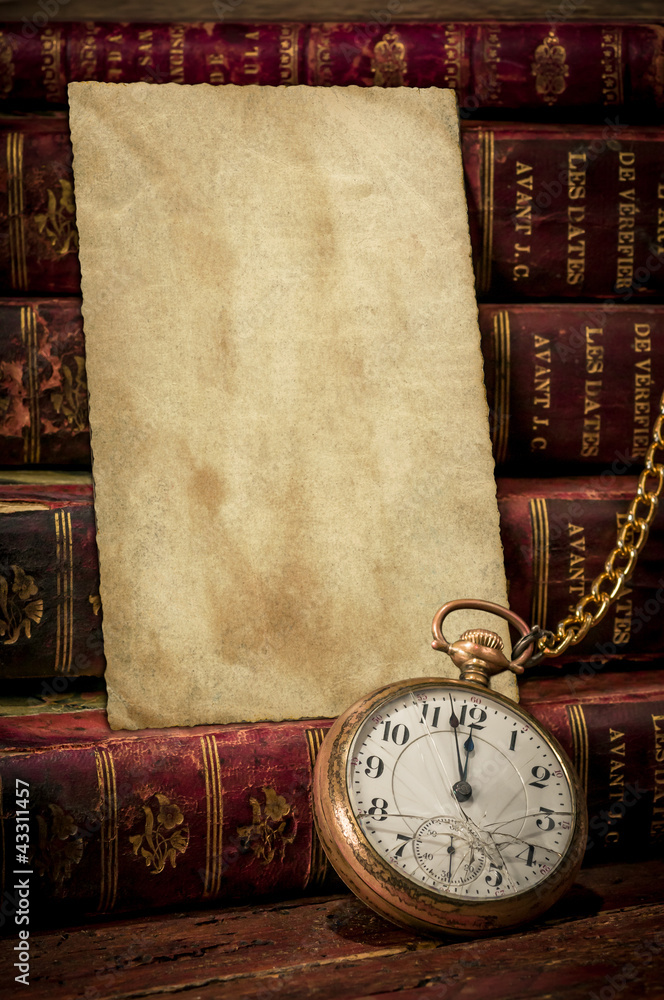 Old photo paper texture, pocket watch and books in Low-key Stock Photo ...