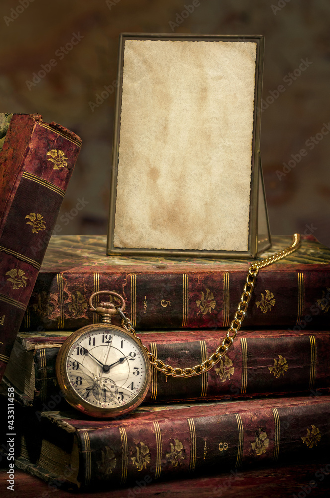 Frame with old photo paper texture, pocket watch and books Stock Photo ...