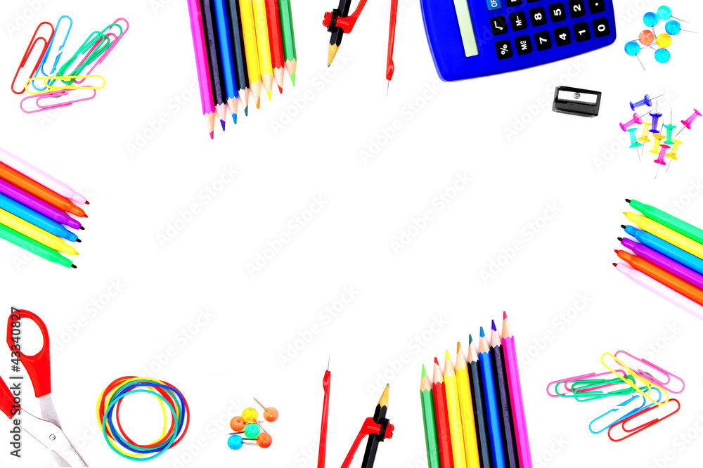 Colorful frame of school supplies over a white background Stock Photo ...