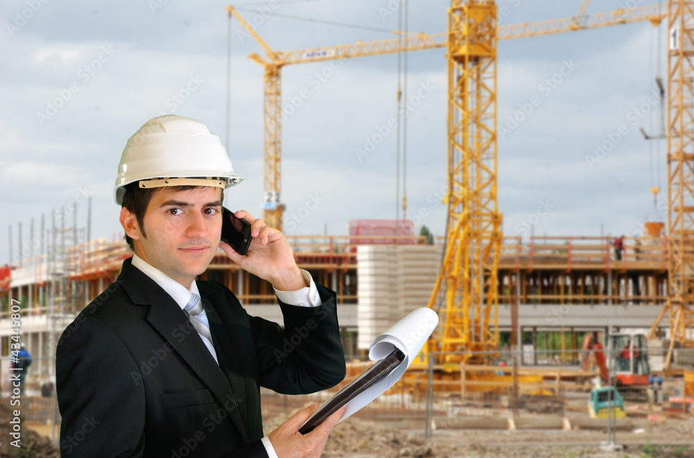 Bauingenieur mit Helm auf Baustelle Stock-Foto | Adobe Stock