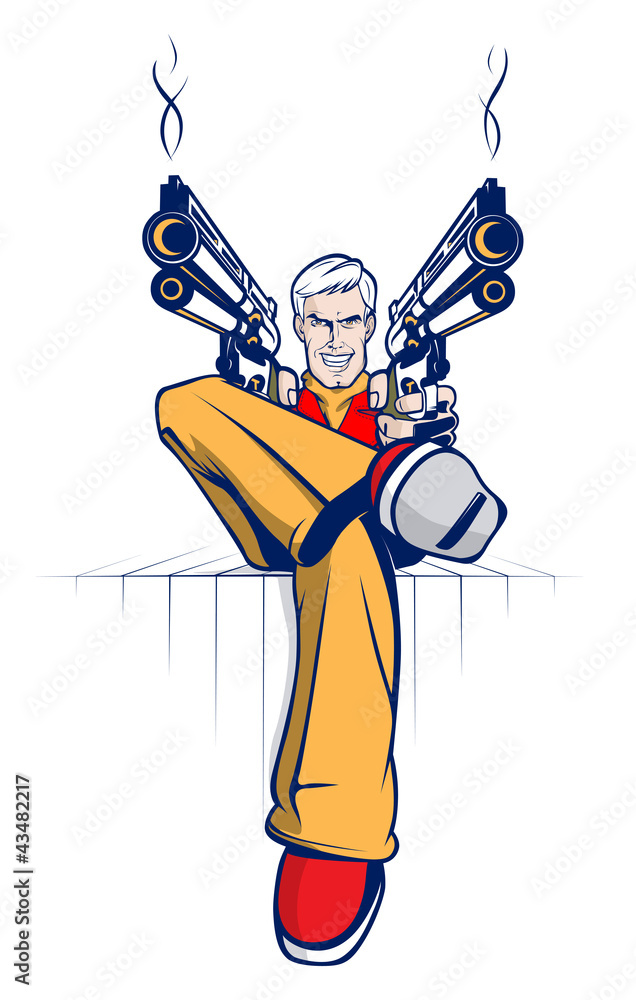 Cartoon gangster with smoking guns Stock Vector | Adobe Stock