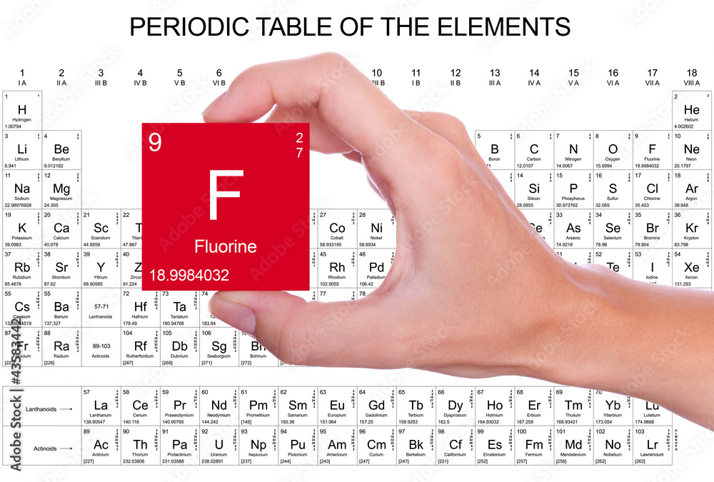 Fluorine symbol handheld over the periodic table Stock Photo | Adobe Stock