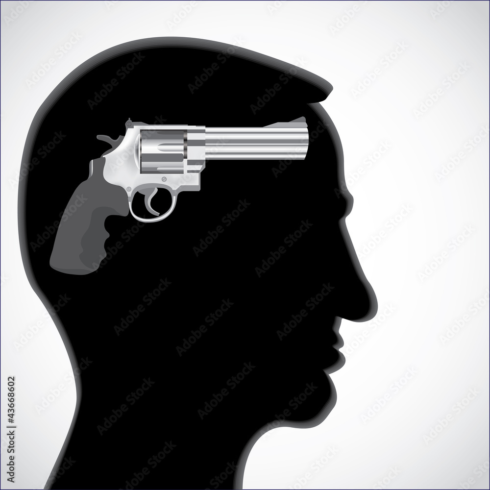 Human head silhouette with revolver gun - illustration Stock ...