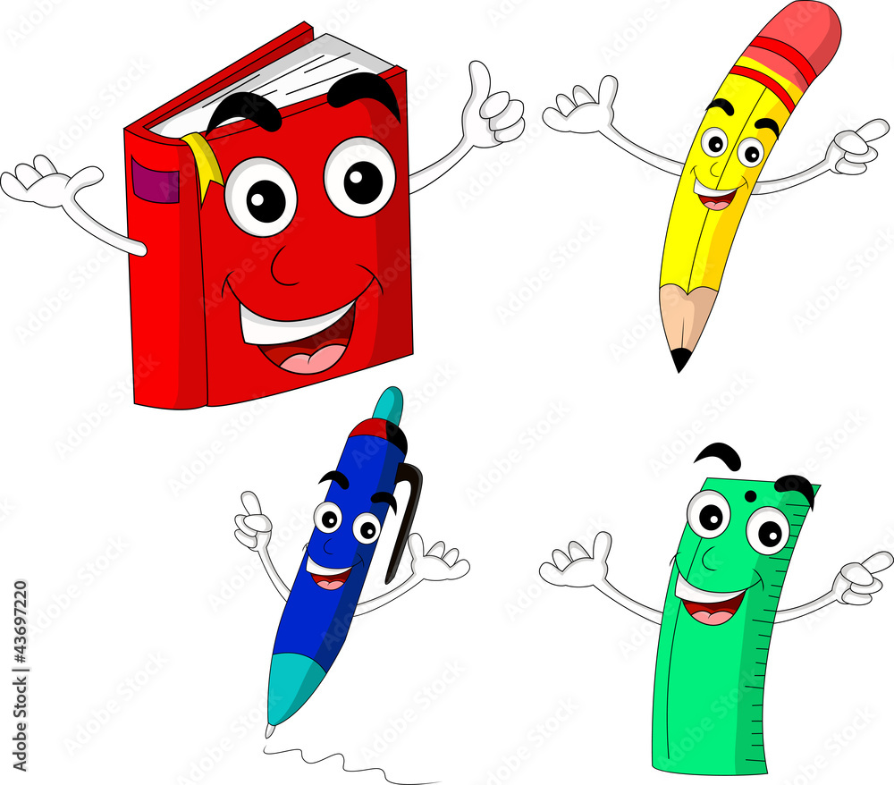 ruler, books, pens, and pencil cartoons are funny Stock Vector | Adobe ...