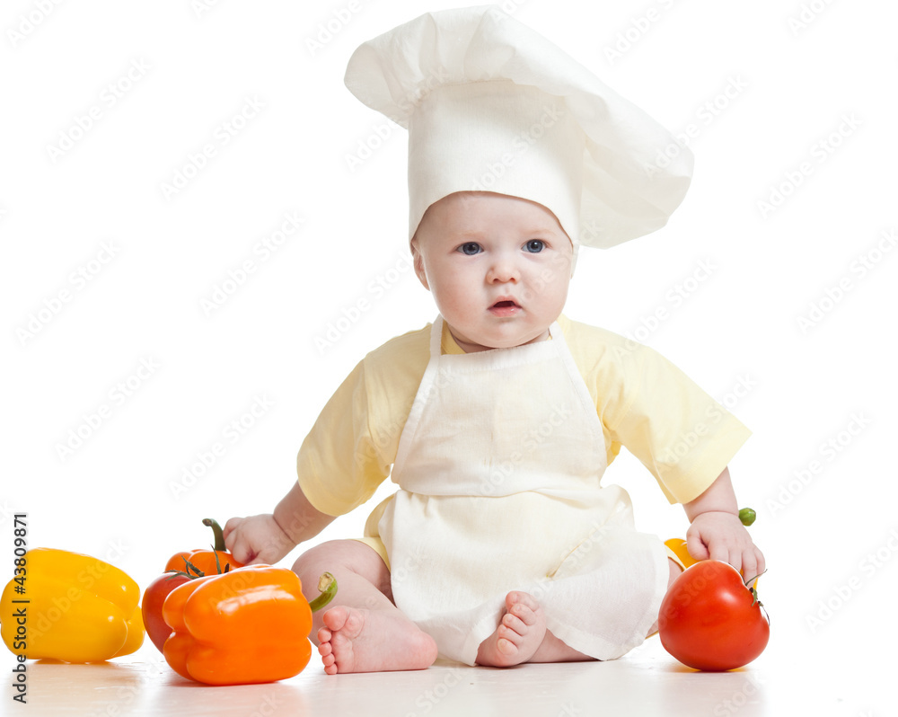 cute baby boy chef with healthy food vegetables, isolated on wh Stock ...