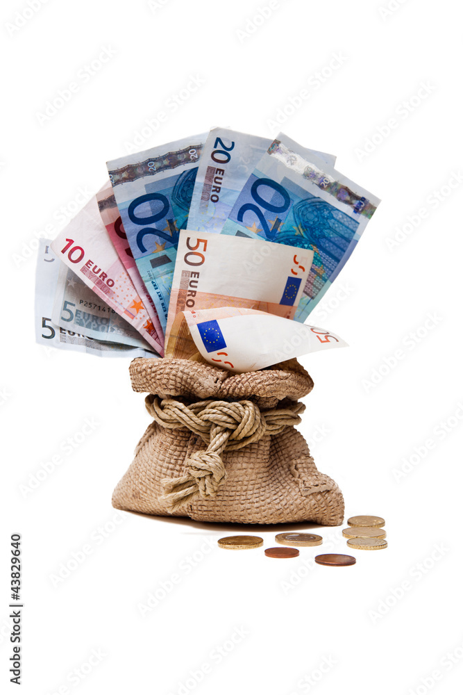 Geldsack mit Scheine und Münzen Stock-Foto | Adobe Stock