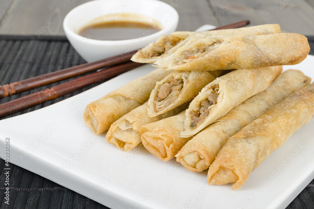 Duck Spring Rolls - Thin fried duck spring rolls & hoisin sauce Stock ...