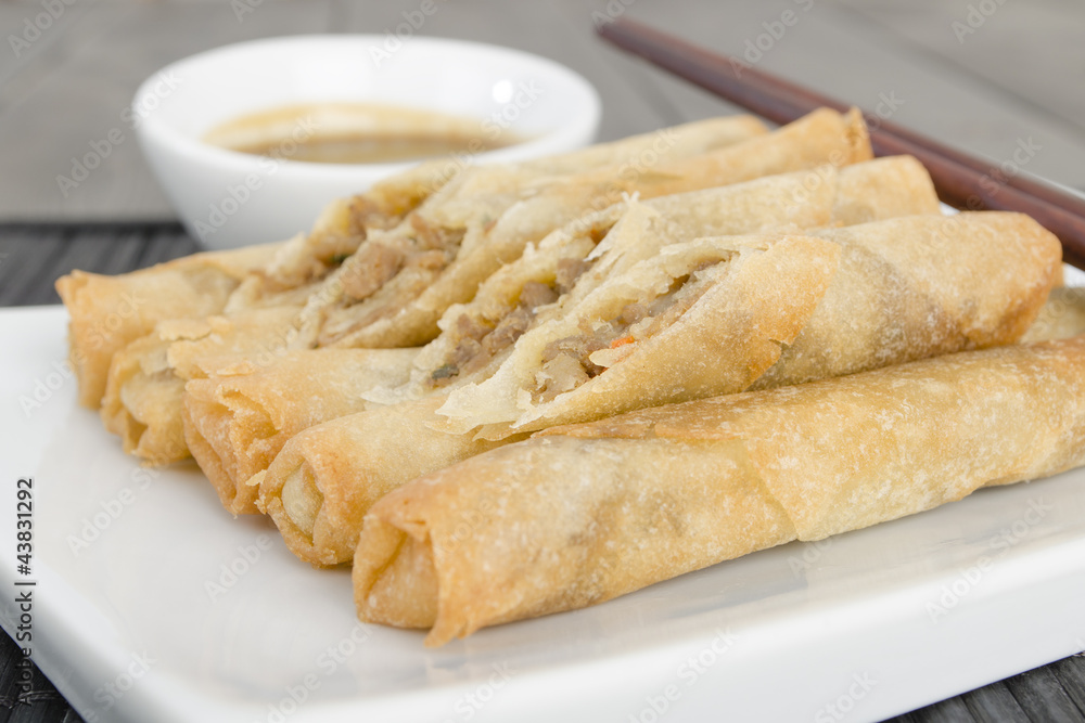 Duck Spring Rolls - Thin fried duck spring rolls & hoisin sauce Stock ...
