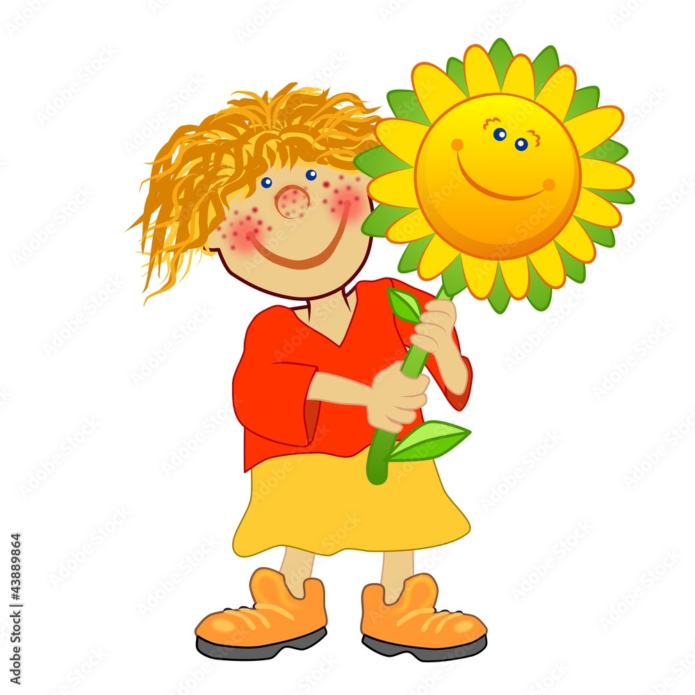 glückliches Kind mit Blume Stock-Illustration | Adobe Stock