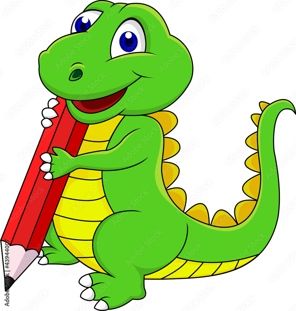 Happy dinosaur cartoon writing with pencil Stock Vector | Adobe Stock