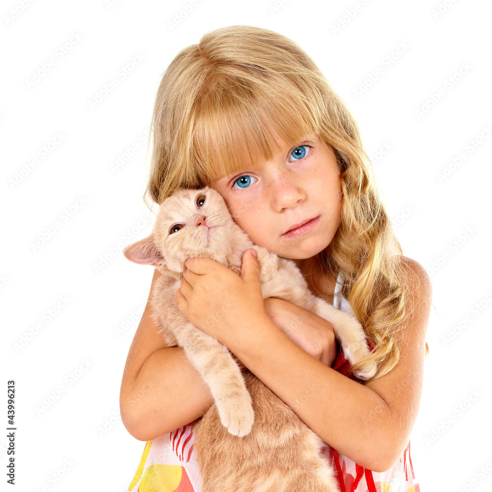Cute sad girl hugging a little cat isolated on white background Stock ...