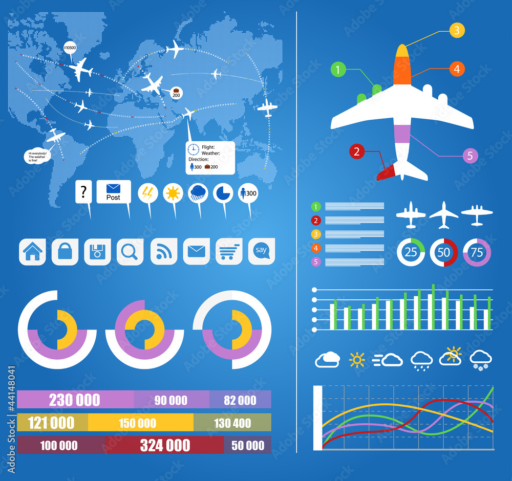 Flight infographics. Civil airplanes trajectories on world map w Stock ...