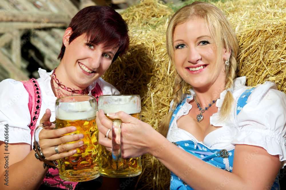 Foto de Wiesnmadl im Dirndl stoßen mit Maß Bier an do Stock | Adobe Stock