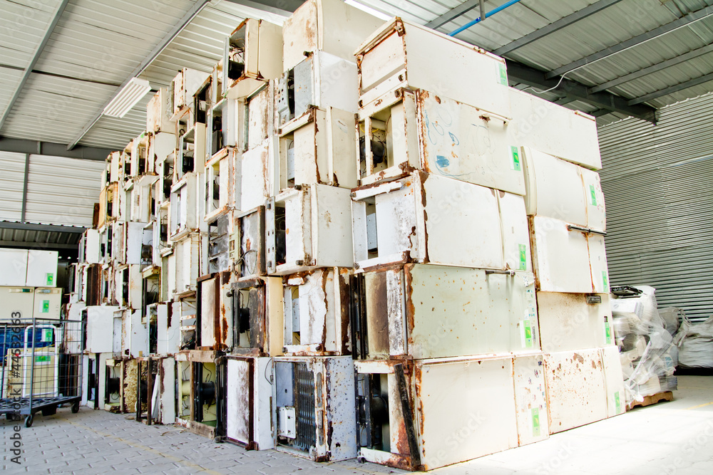 reduce, reuse, recycle of refrigerators in a recycling plant. Stock ...