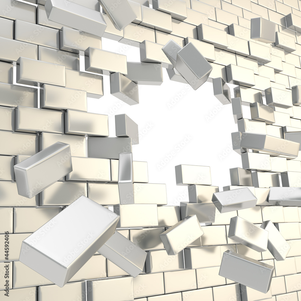 Broken into pieces brick wall with a copyspace hole Stock Illustration ...