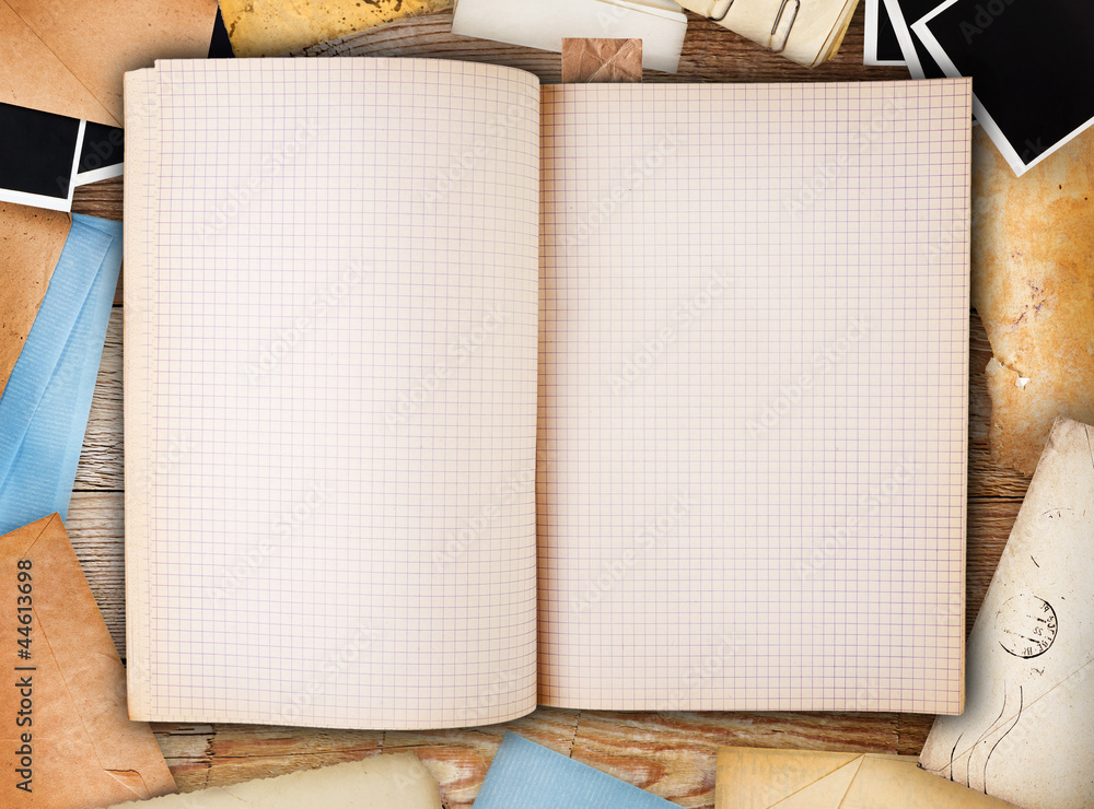 Old note book, paper and instant photos. Over old wood Stock Photo ...