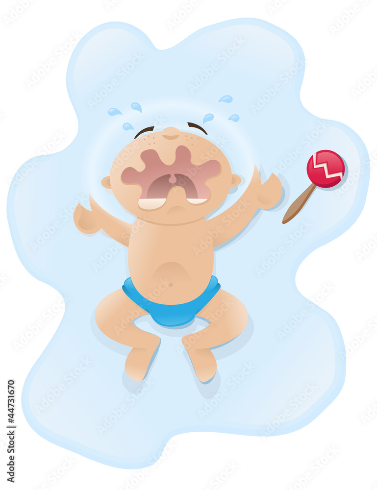 Baby with rattle crying in tear puddle Stock Vector | Adobe Stock