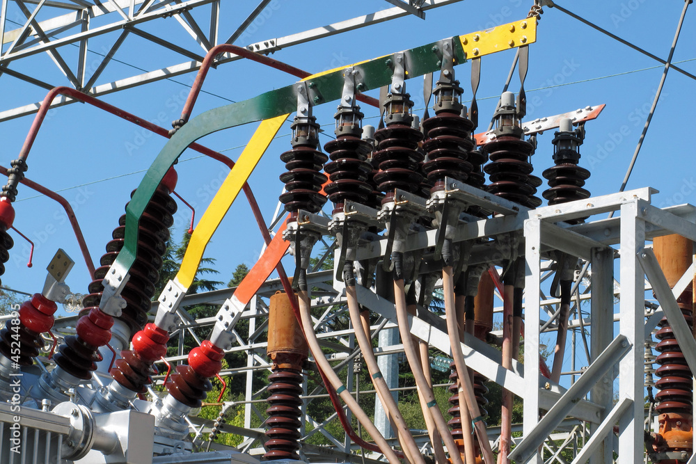 copper busbars of an electricity transformer at a power plant Stock ...