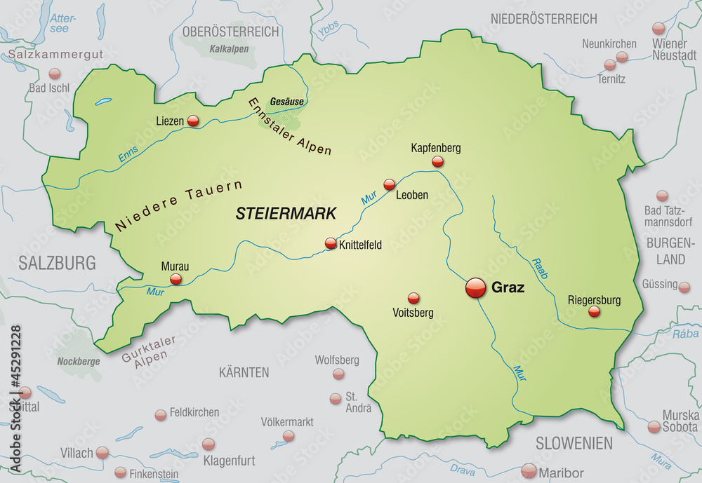 Landkarte der Steiermark mit Umland und Städten Stock-Illustration ...