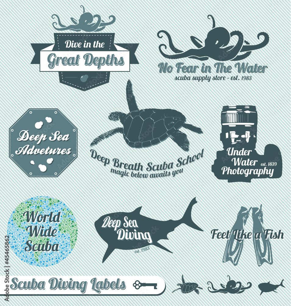 Vector Set: Retro Scuba Diving Labels and Badges Stock Vector | Adobe Stock