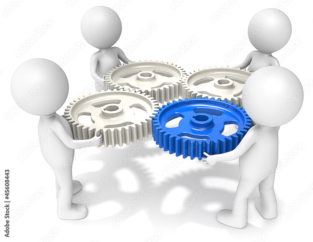 Project Management. 3D little human character X4. Cog Wheels. Stock ...